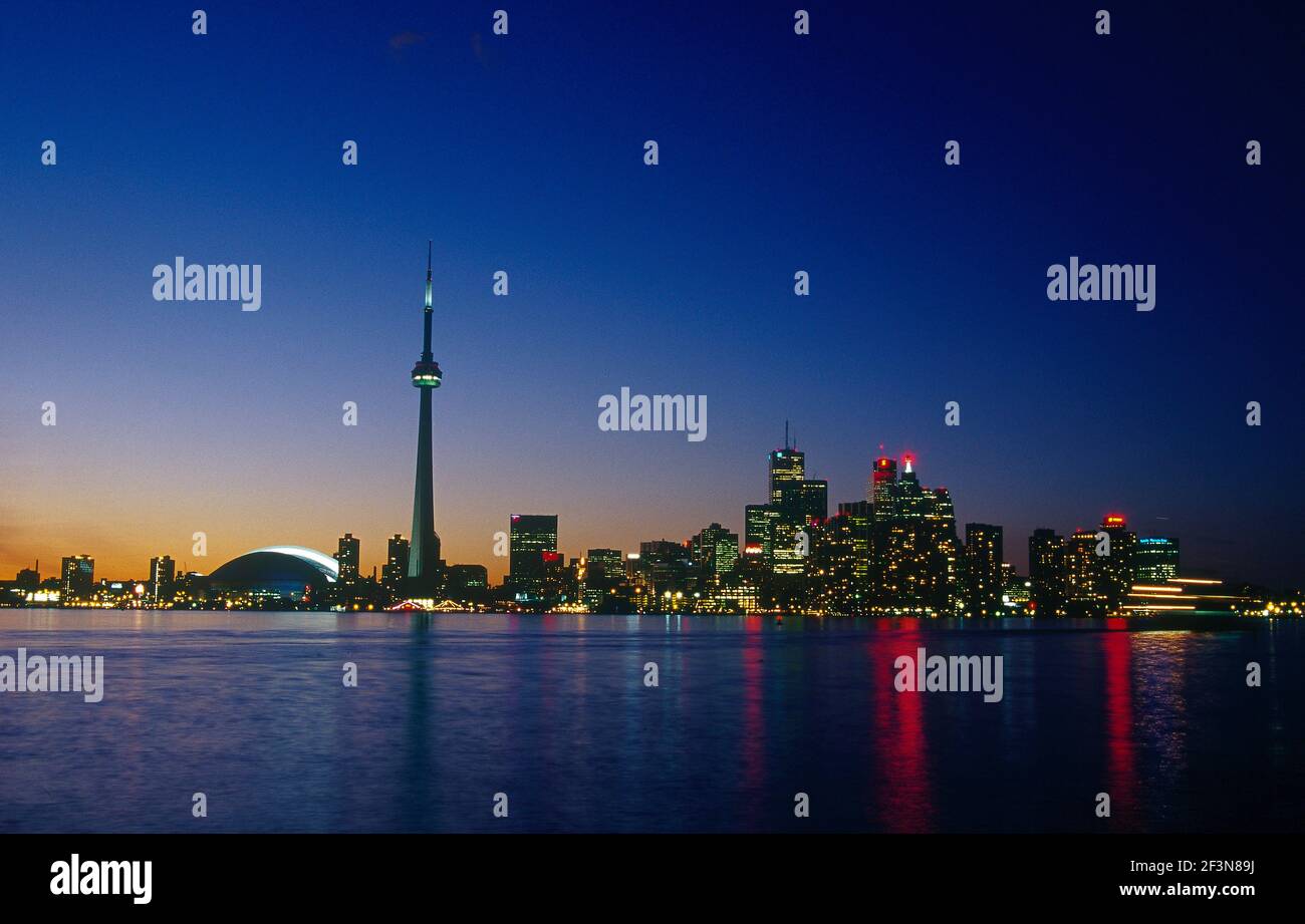 View from water. Night. Skydome,. CN Tower. Illuminations Stock Photo ...