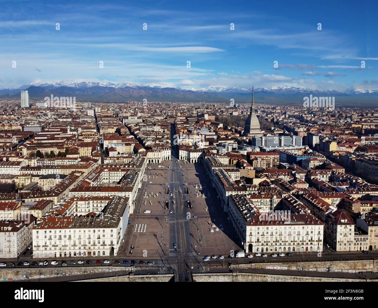 Aerial view of Turin city center, in Italy, in a sunny day, with Mole ...