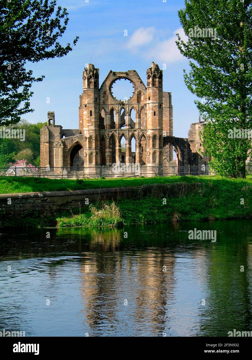 Elgin Abbey. Abbey, ruined historic church and monastery. Facade. round ...
