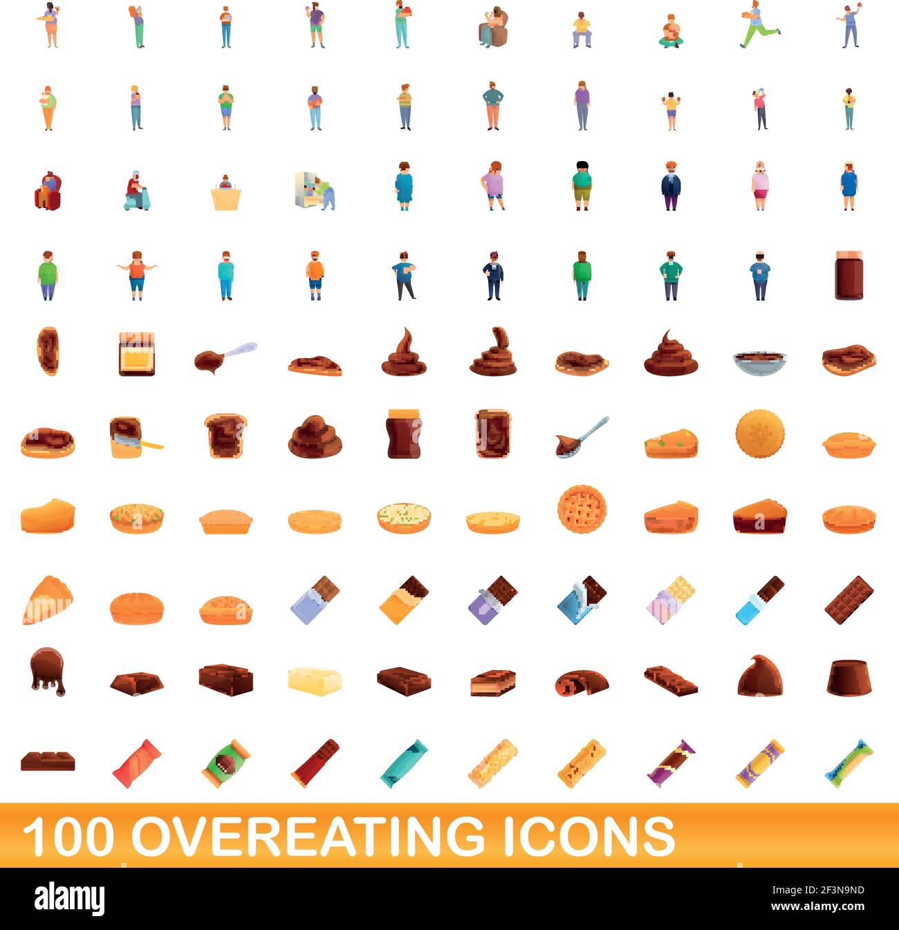100 overeating icons set. Cartoon illustration of 100 overeating icons ...