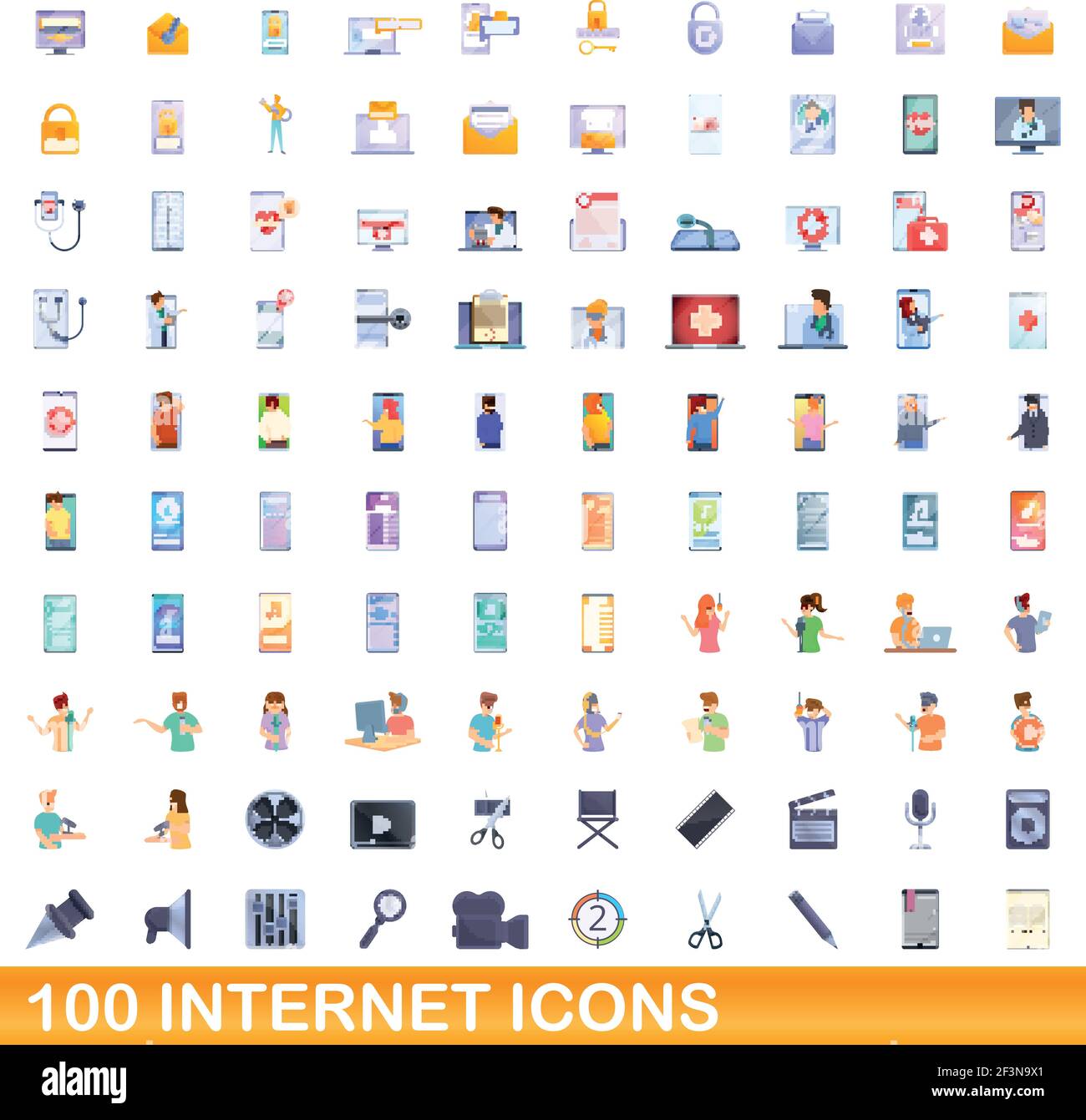 100 internet icons set. Cartoon illustration of 100 internet icons ...