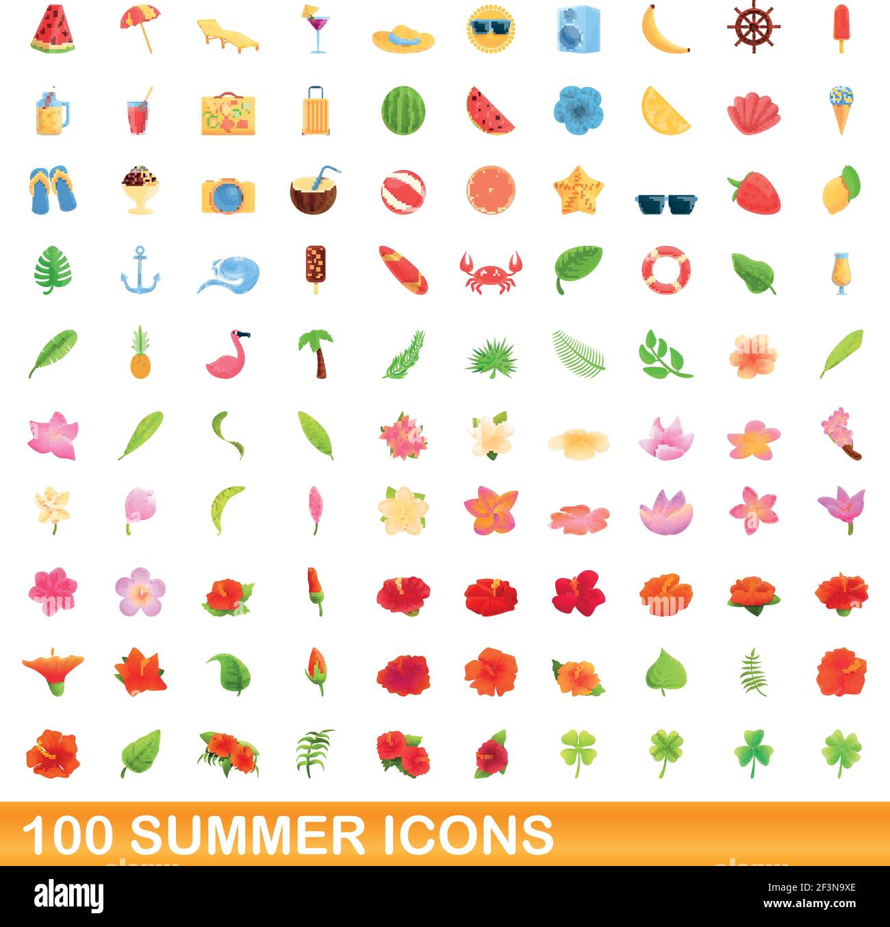 100 summer icons set. Cartoon illustration of 100 summer icons vector ...