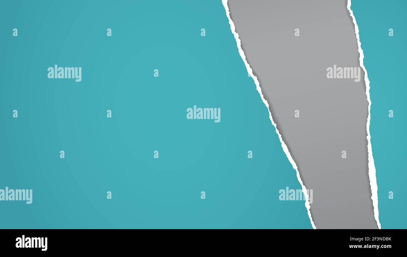 Torn, ripped turquoise paper strip with soft shadow are on dark grey ...