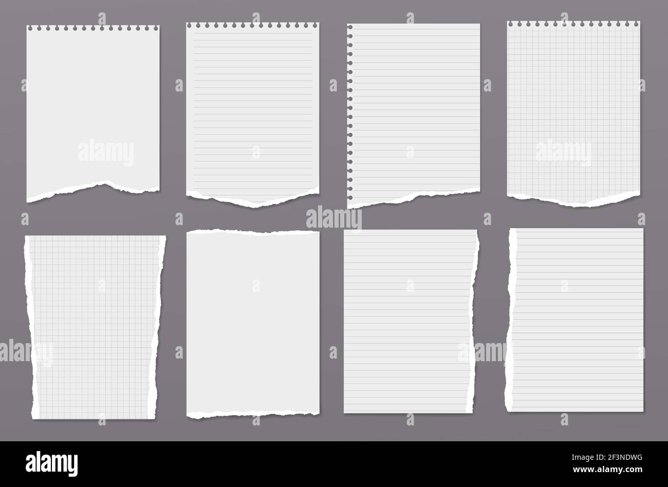White torn, lined and blank note, notebook paper are on dark grey ... White torn, lined and blank note, notebook paper are on dark grey ...