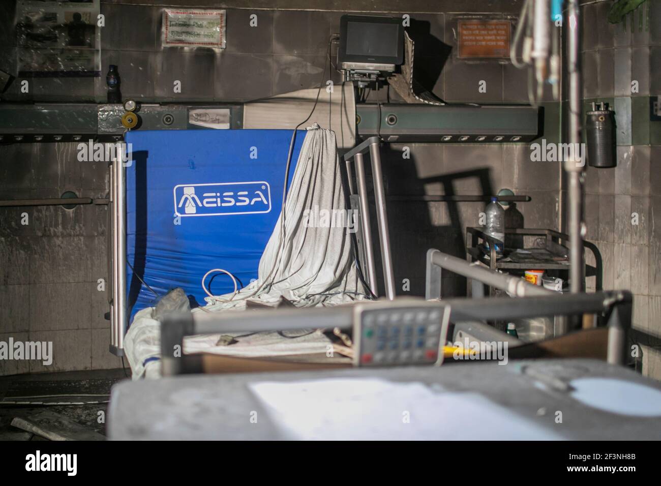 Damaged medical equipment and beds seen at the COVID-19 coronavirus ...