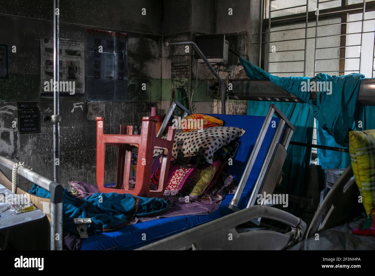 Damaged medical equipment and beds seen at the COVID-19 coronavirus ...