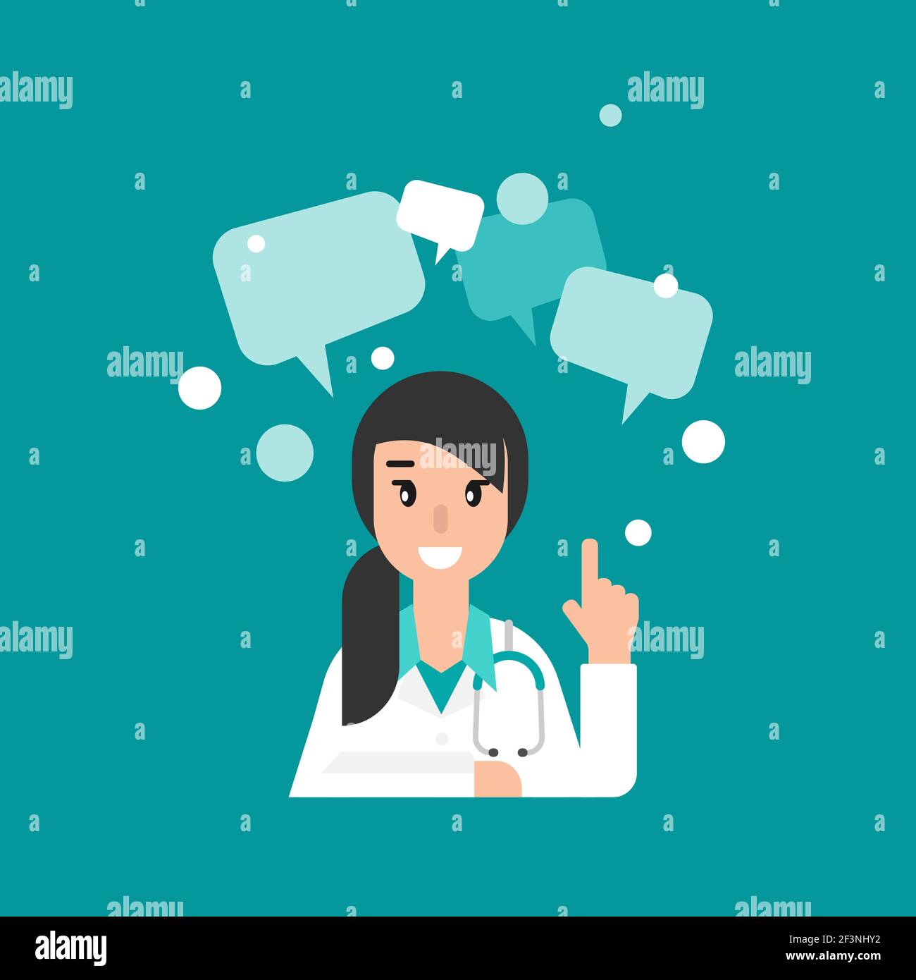 Smiling woman doctor with chat bubbles. Medical internet consultation ...