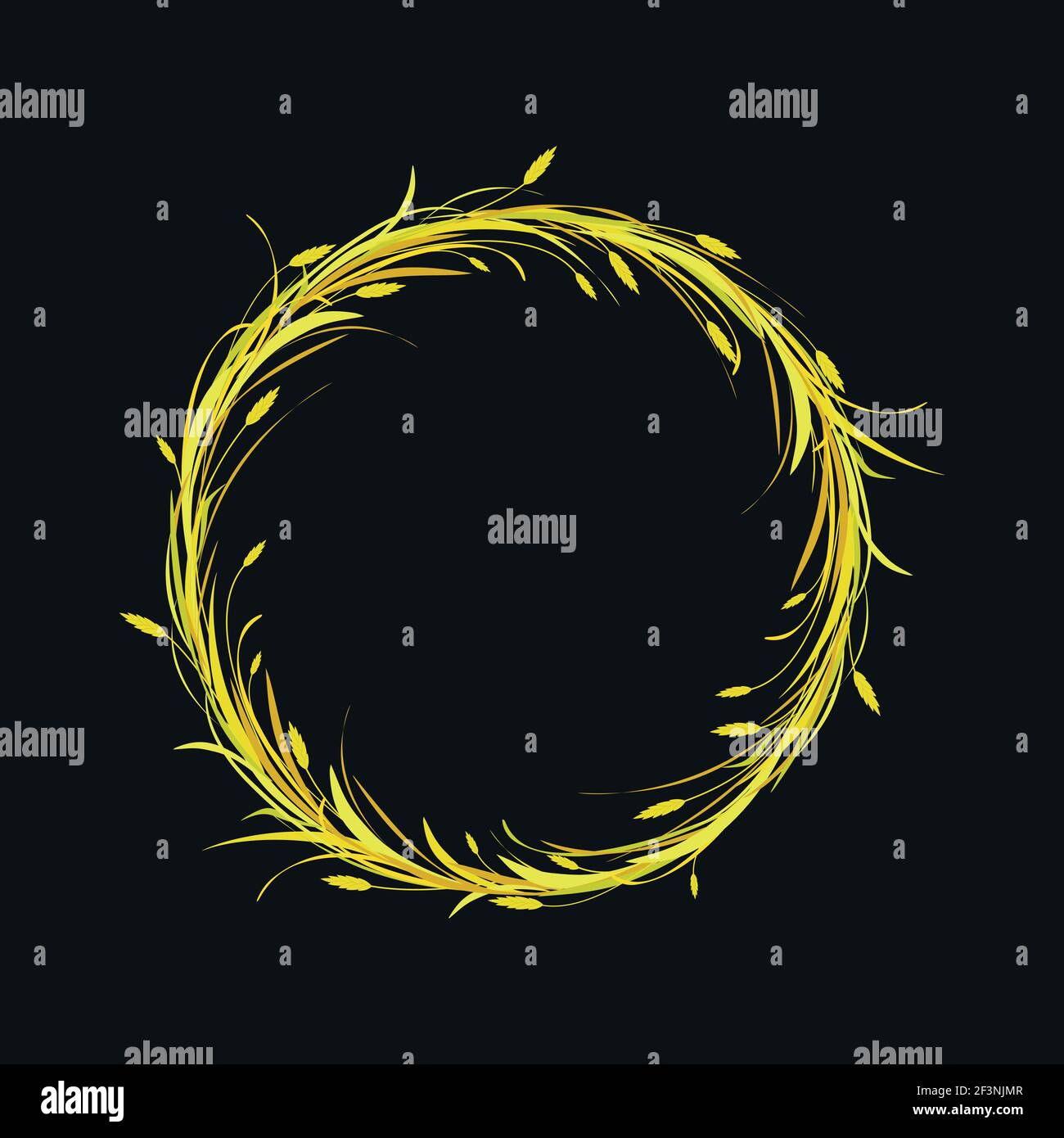 Round wreath or crown with gold and brown ears of wheat, barley or rye ...