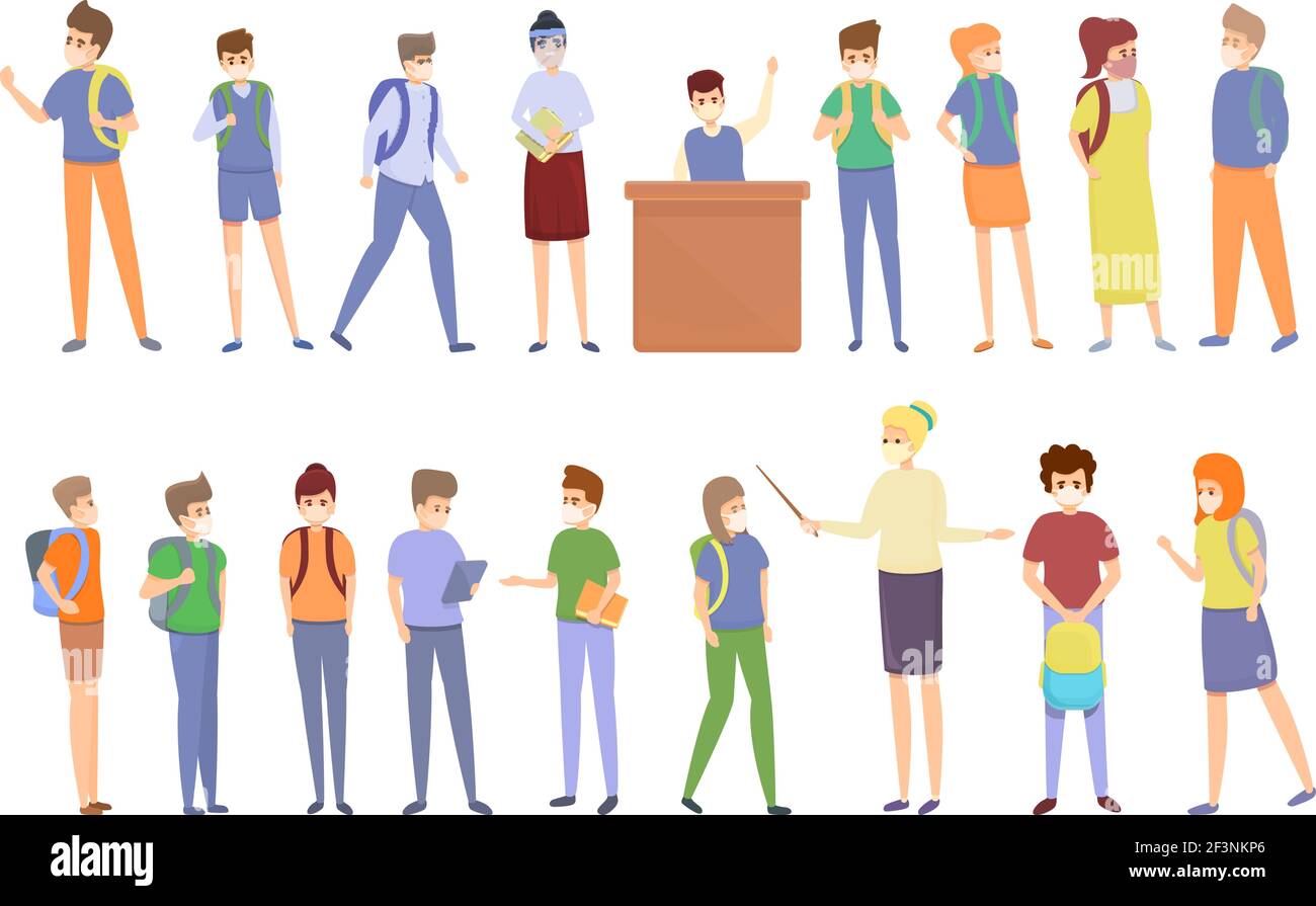 Quarantine in school icons set. Cartoon set of quarantine in school ...