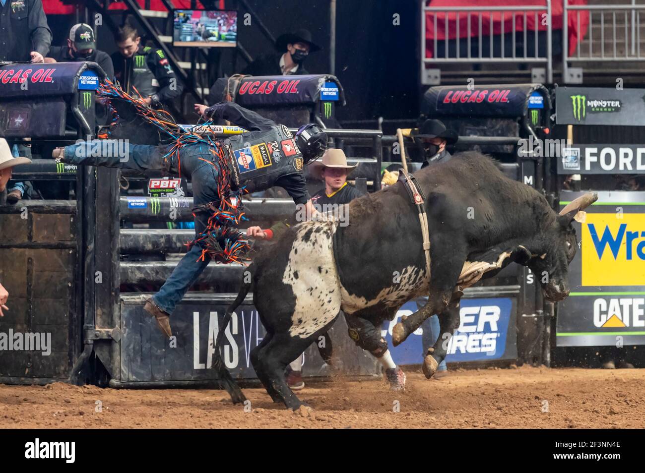 Professional bull rider being thrown from a bull during an event ride ...