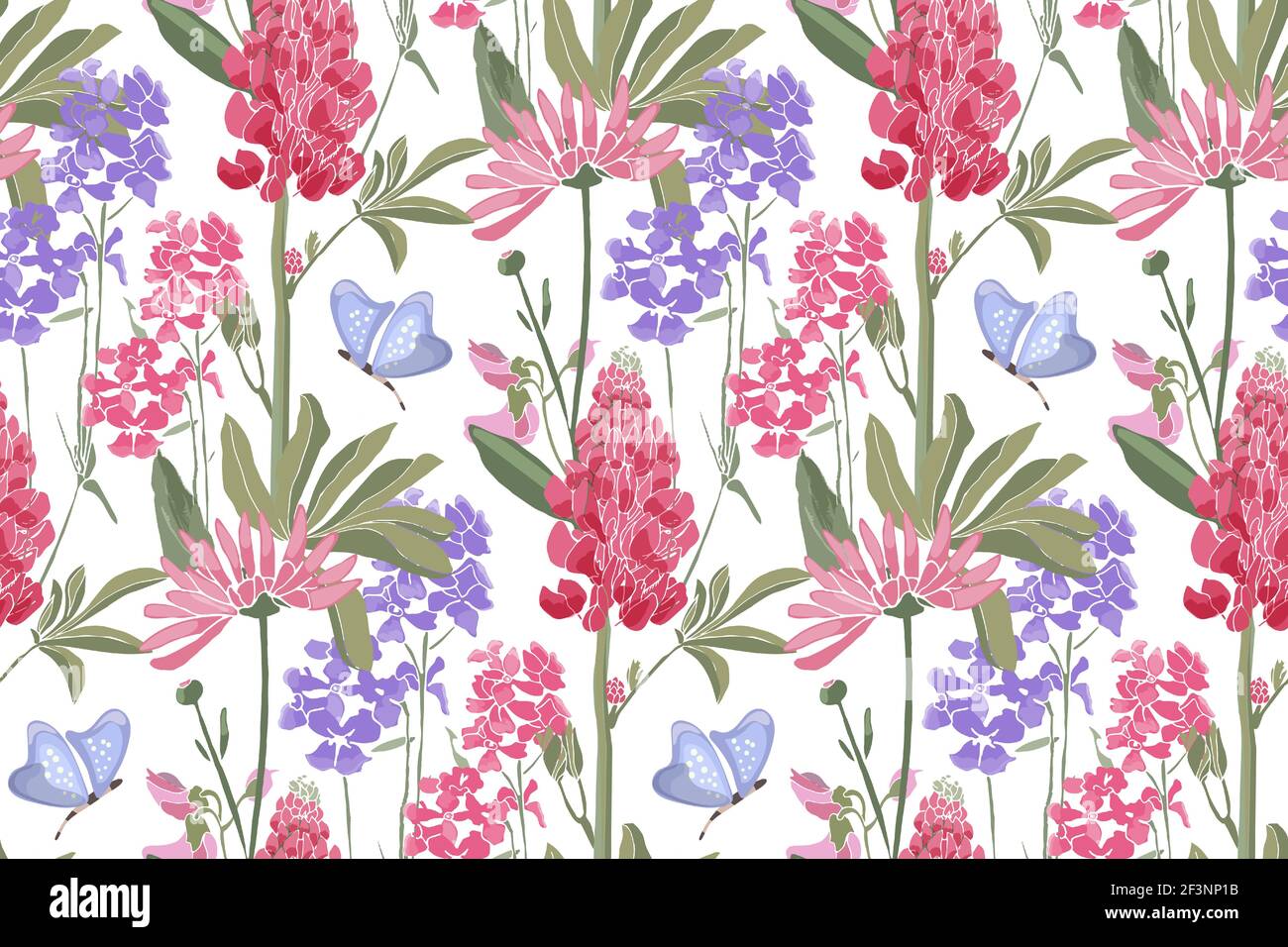 Vector floral seamless pattern. Spring flowers, green leaves ...