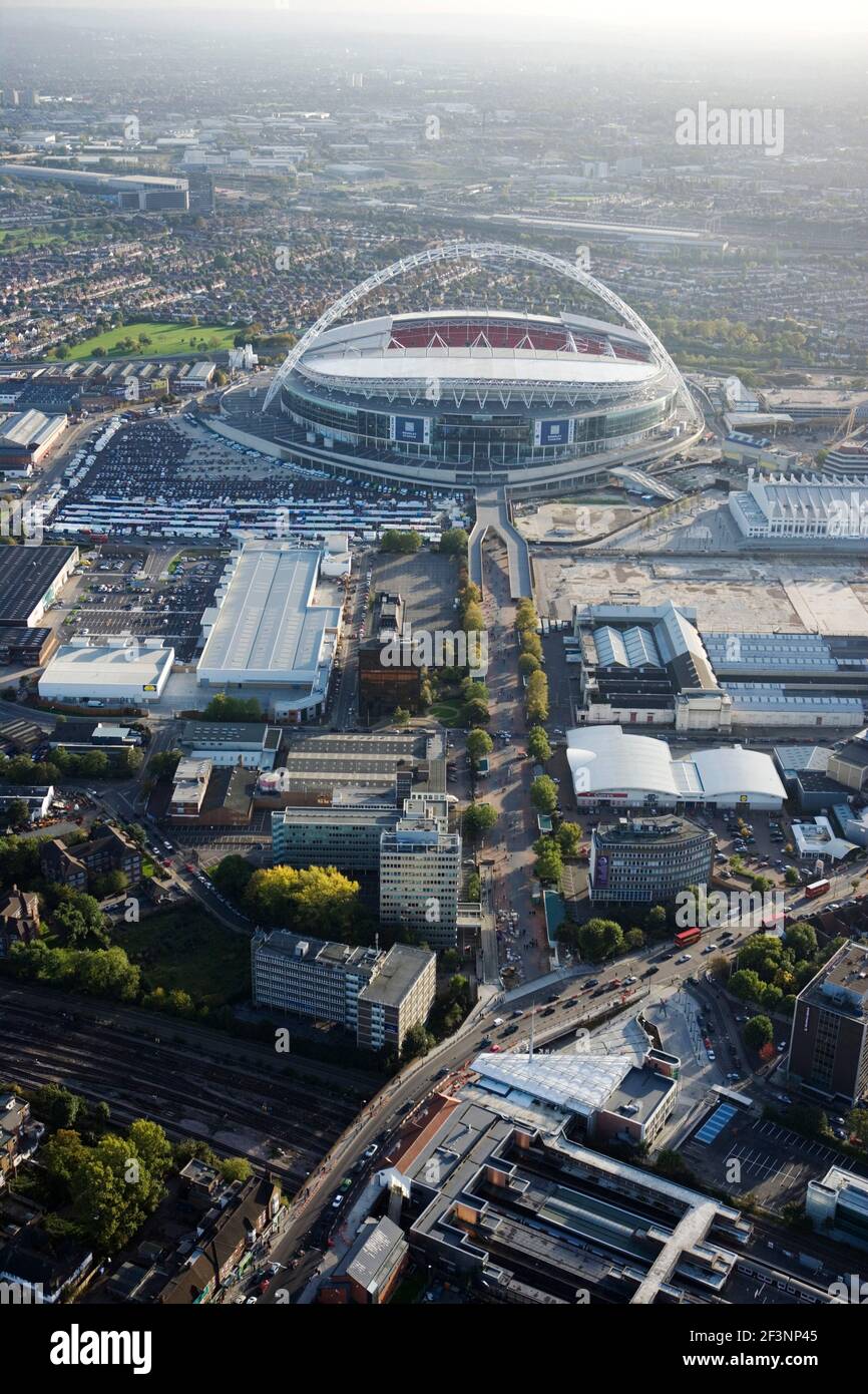 WEMBLEY STADIUM, London. Aerial view of the stadium and surrounding ...