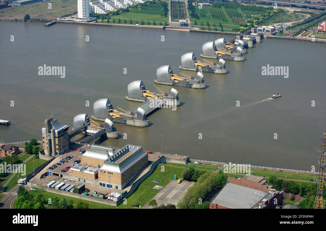 THAMES BARRIER, Woolwich Reach, London. Aerial view. A flood control ...