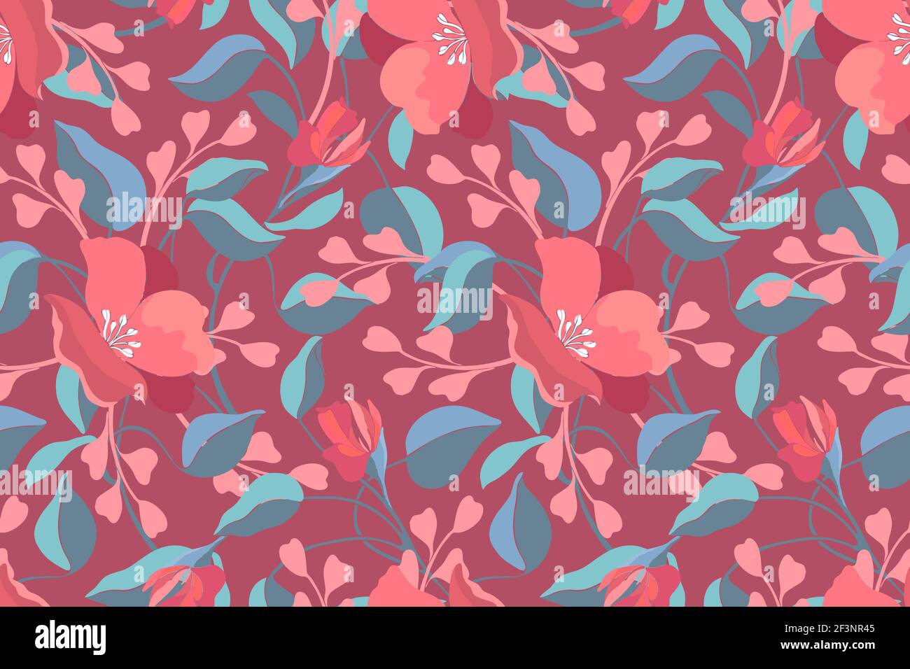 Art floral vector seamless pattern. Pink geranium, viola, blue leaves ...