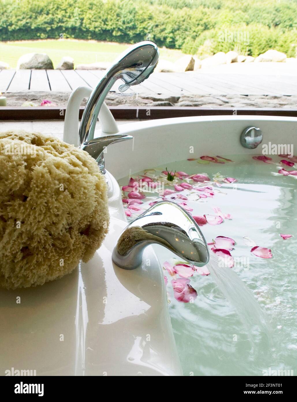 Summer Idyll in the Countryside. A bathroom. Rose betals floating in ...