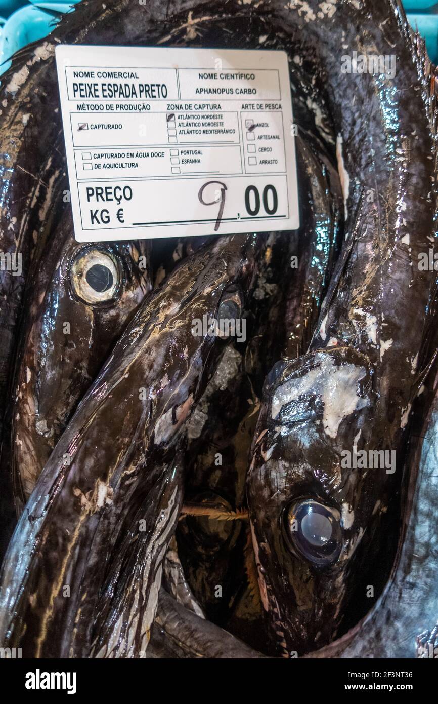 Black scabbardfish in fresh fish market in Tavira, Algarve Portugal ...