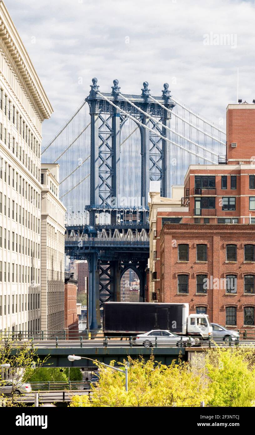 The Manhattan Bridge, Brooklyn pier, with Robert Moses' Brooklyn-Queens ...
