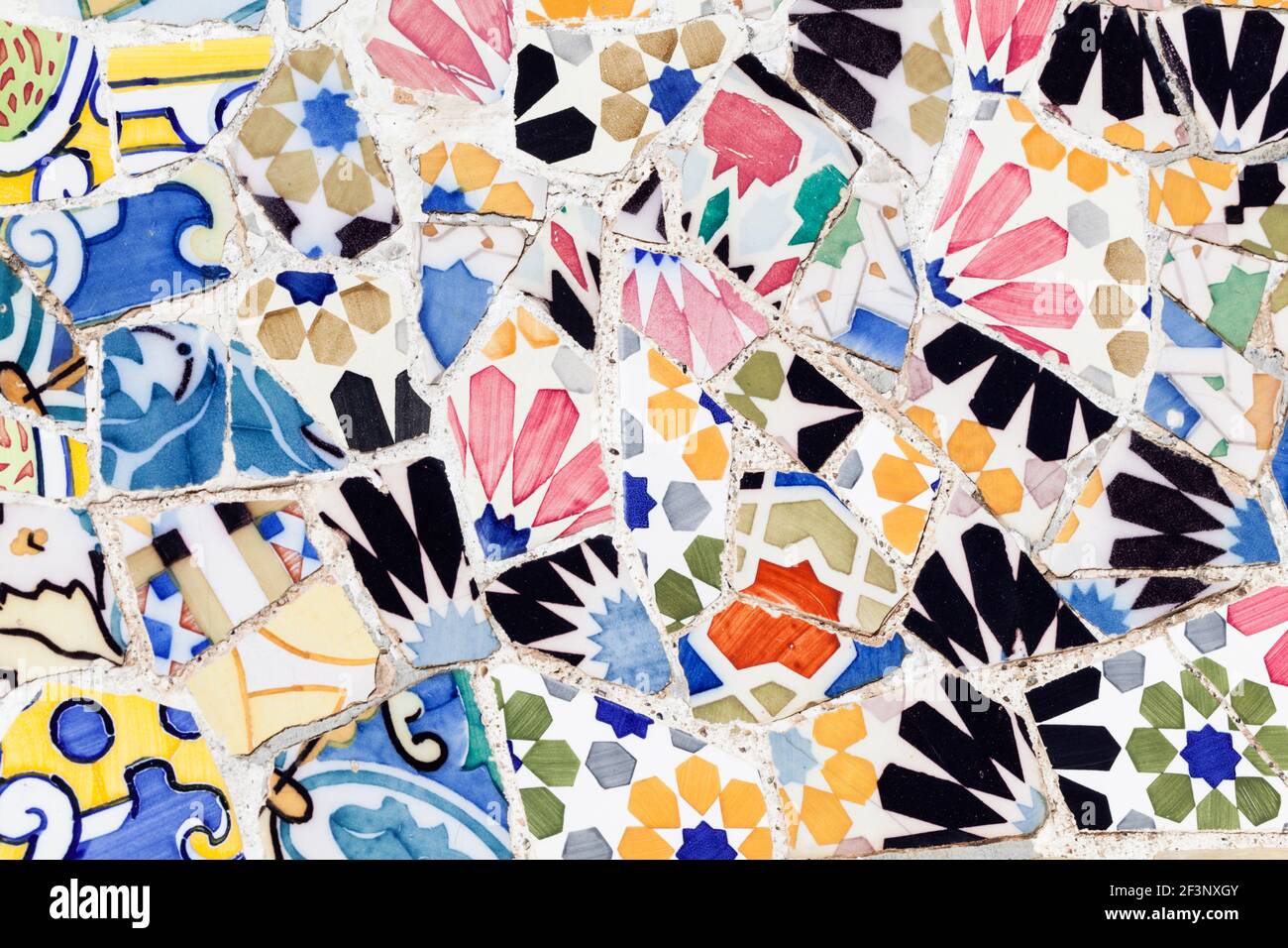 Detail of broken ceramic tiles used to decorate the benches of Park ...