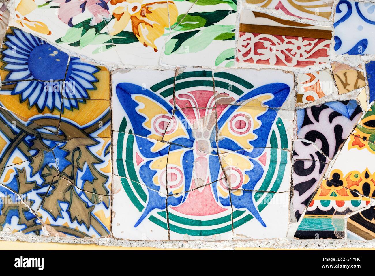 Detail of broken ceramic tiles used to decorate the benches of Park ...
