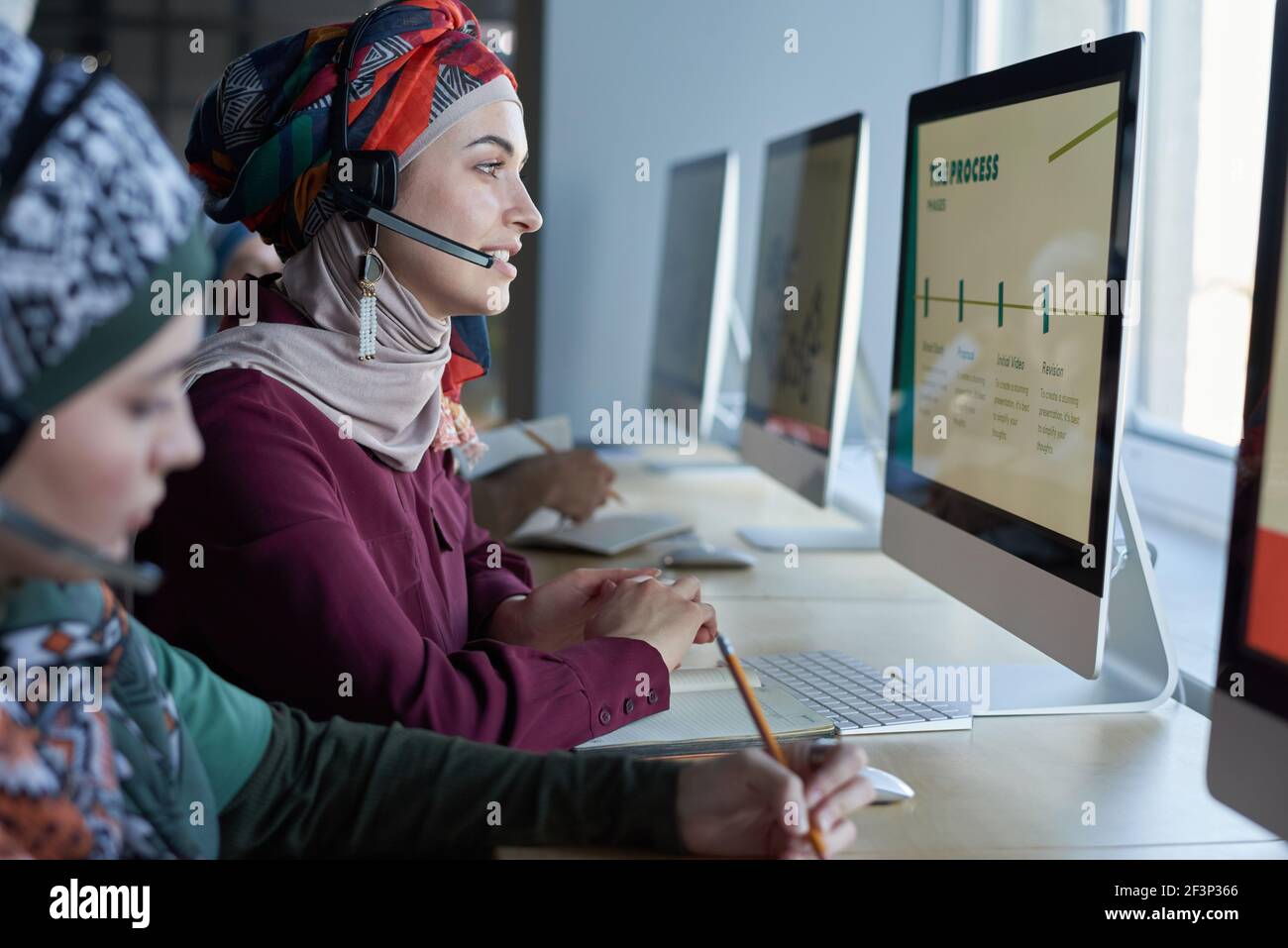Group of muslim women in headphones looking at computer monitor while ...