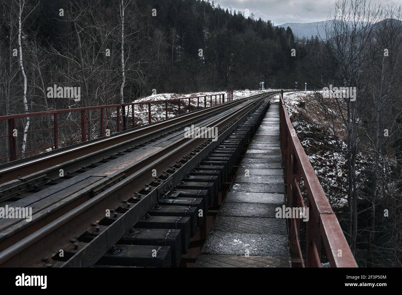 Railway bridge among snowy mountains. Travels. Transport Stock Photo ...