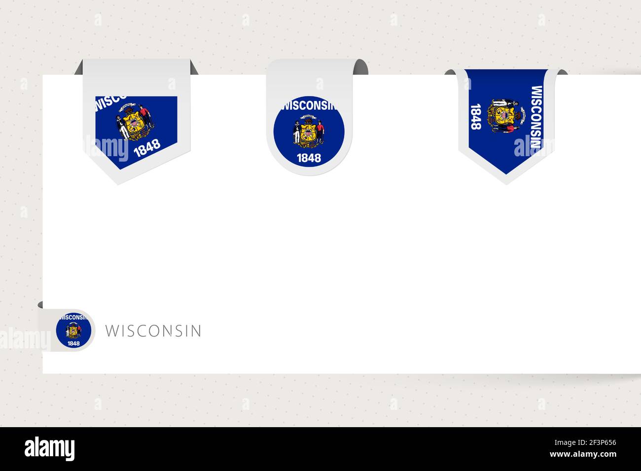 Label flag collection of US state Wisconsin in different shape. Ribbon ...