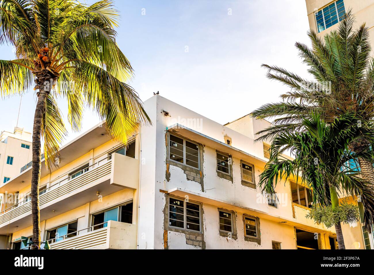 Rundown dilapidated broken art deco district building on Ocean drive ...