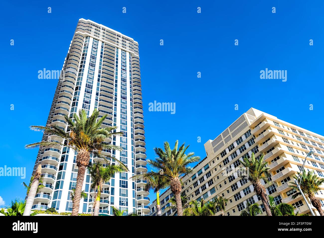 Oceanfront apartment skyscrapers buildings along coast in Miami Beach ...