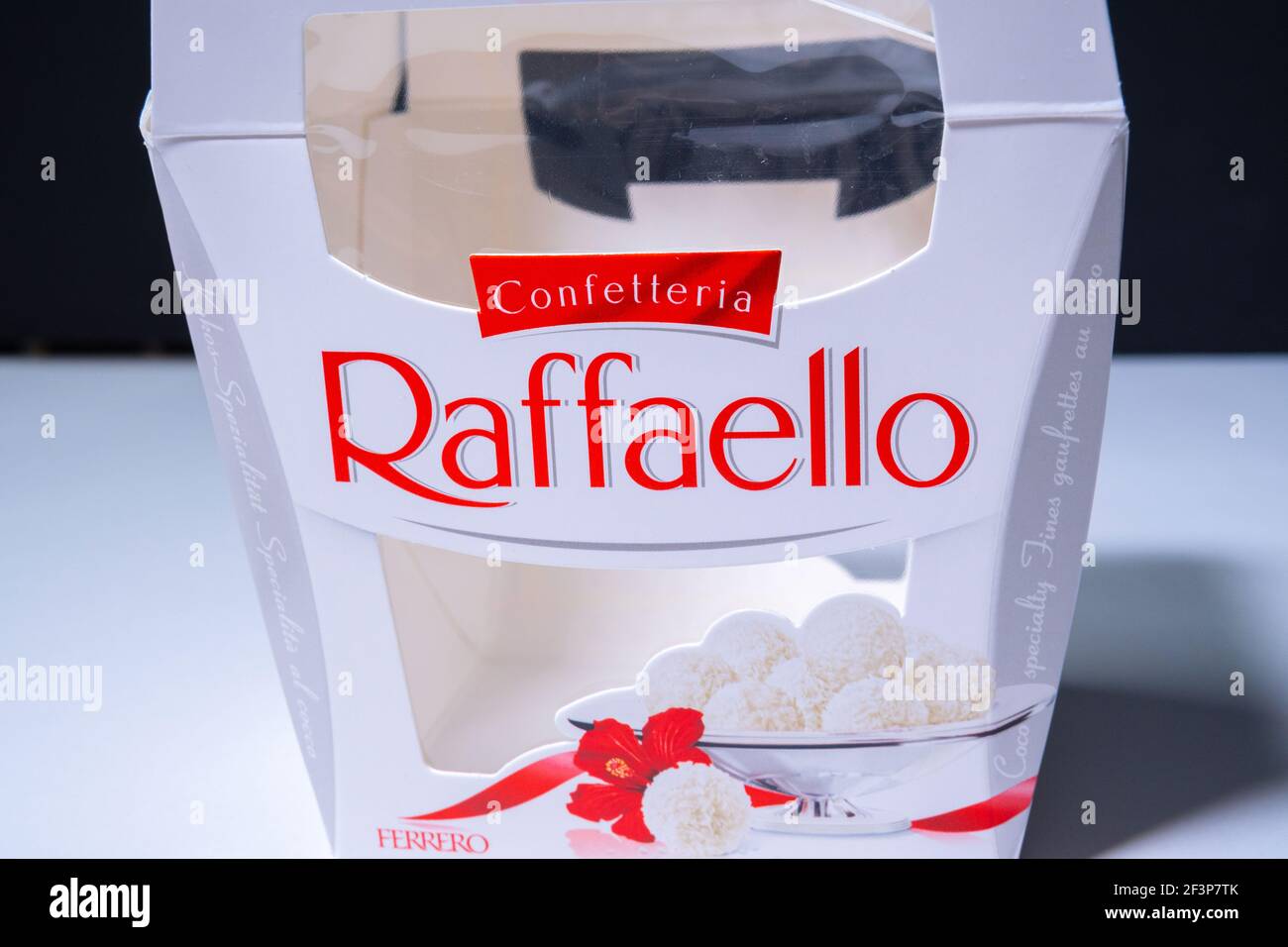 Tyumen, Russia-March 15, 2021: Ferrero Raffaello in and out of a box ...