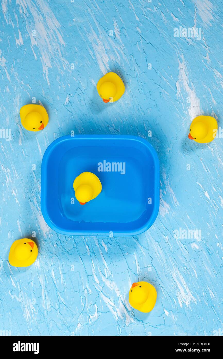 rubber ducks. Plastic ducklings ready for child's fun in the bath. play ...