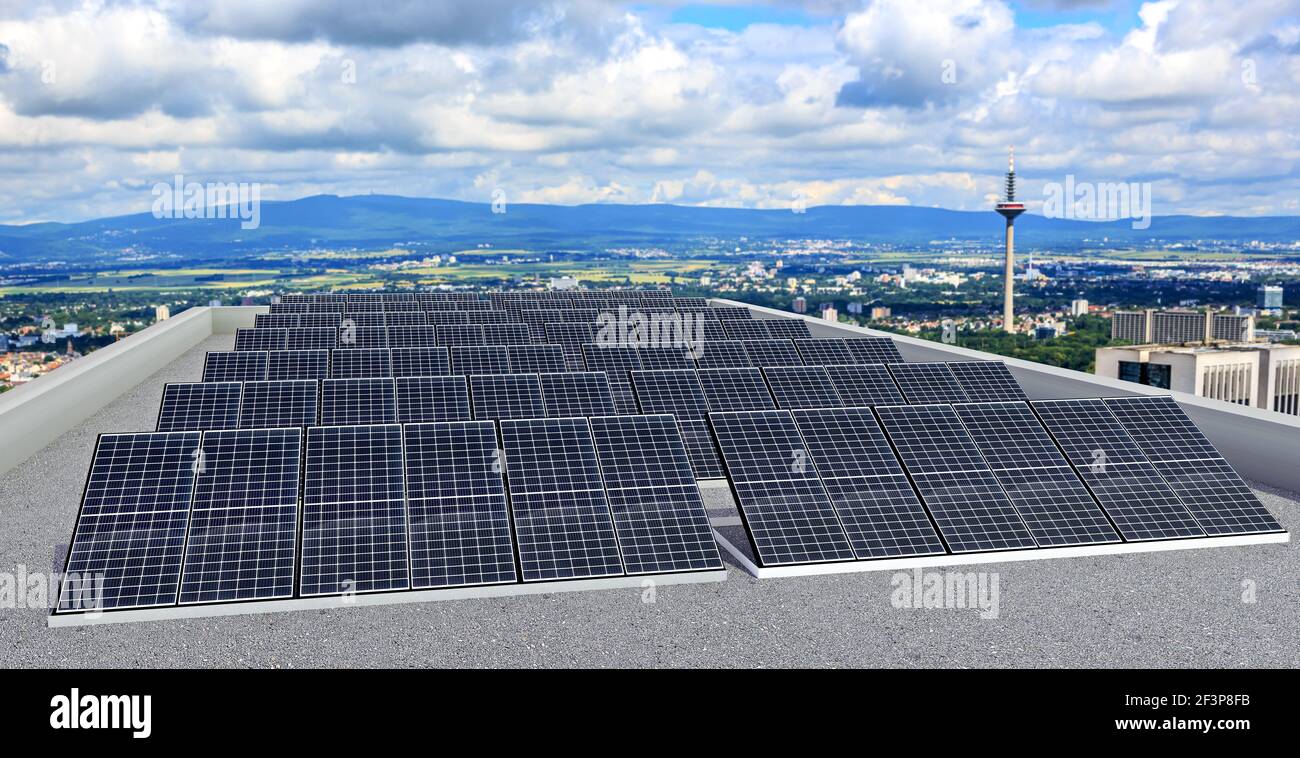 solar power panels installation on the roof of a high-rise building, 3D ...