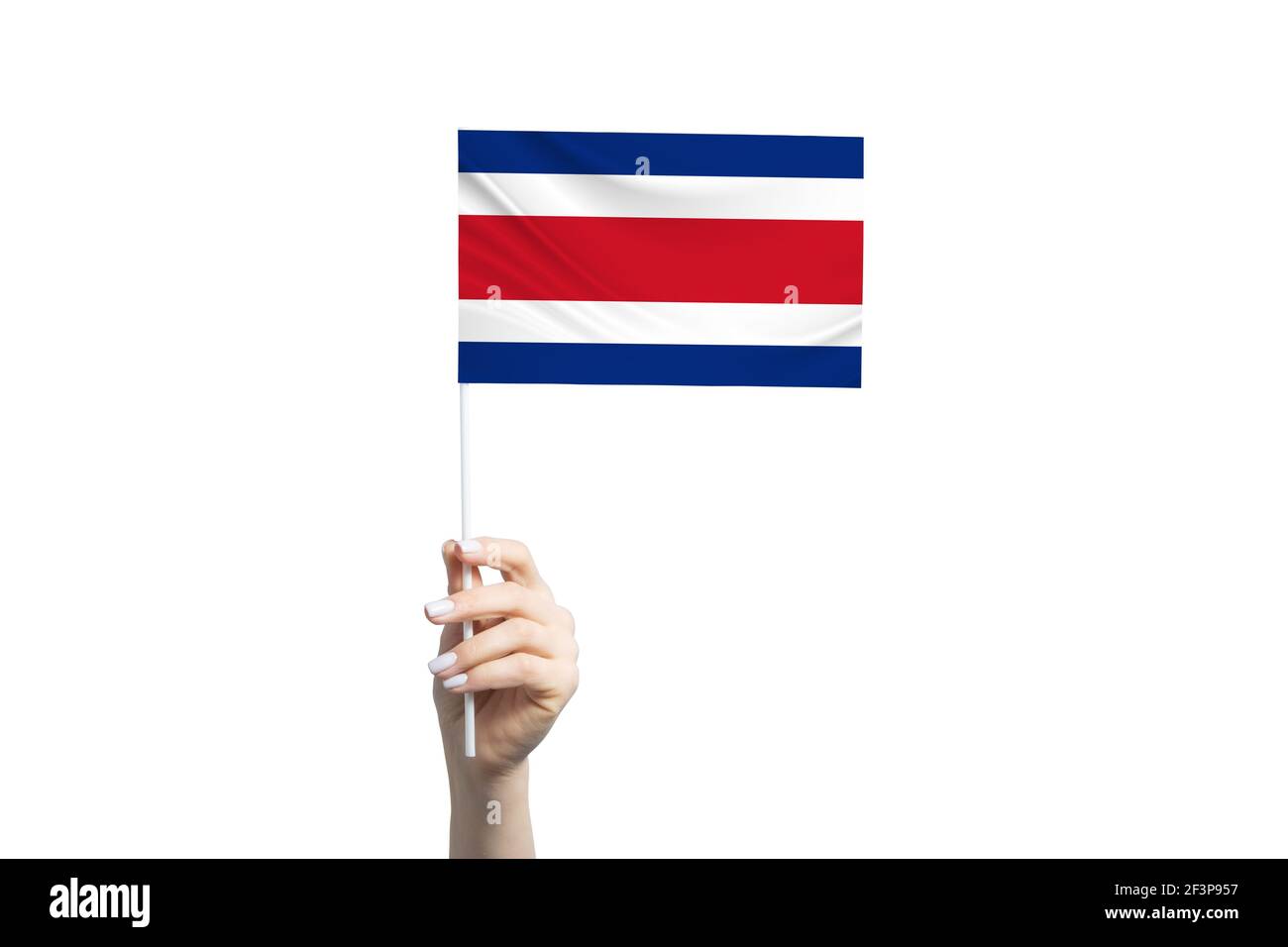 Beautiful female hand holding Costa Rica flag, isolated on white ...