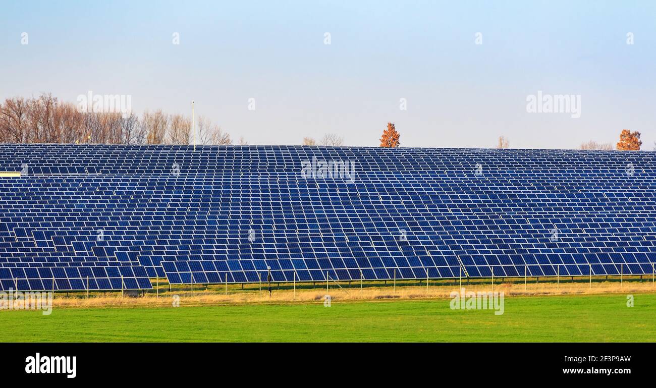 Panoramic view of solar panels park for ecological energy Stock Photo ...