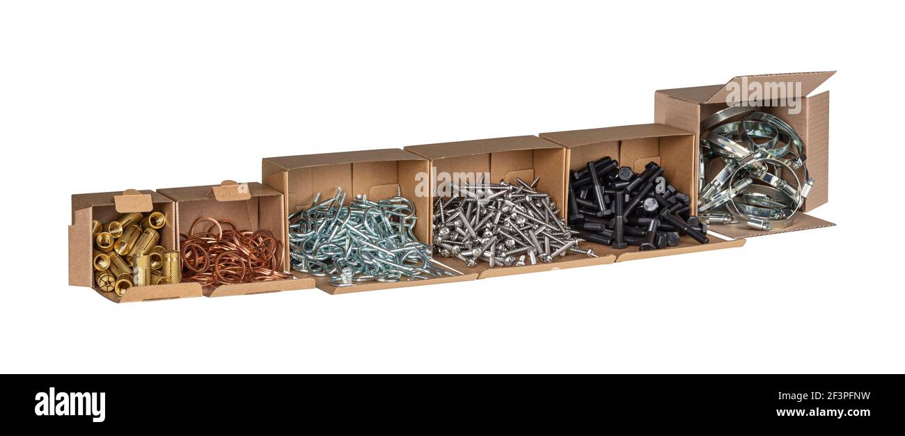 Different types of metal bolts, nuts, screws, hooks and washers ...