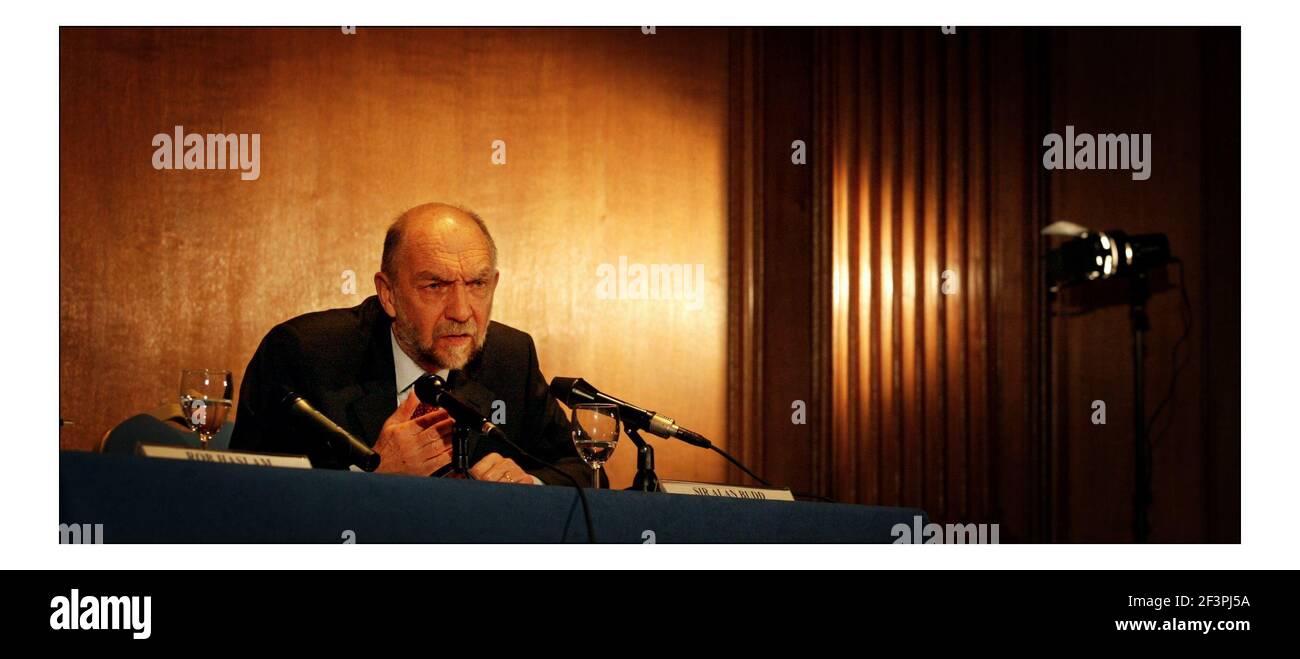Sir Alan Budd at the press conf re the enquiery into allegations that ...