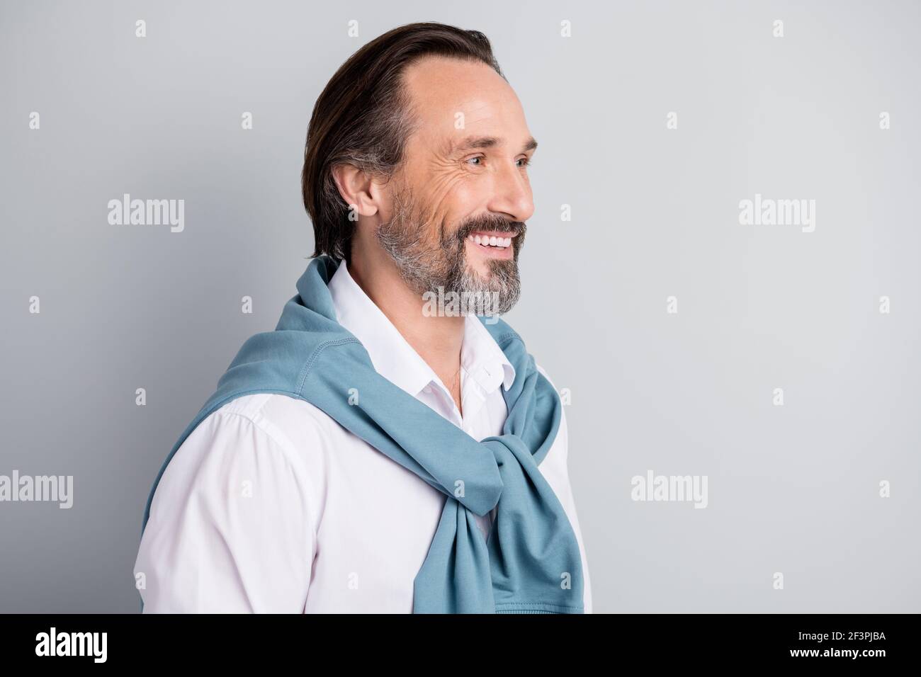 Photo of charming clever mature guy dressed white shirt pullover ...