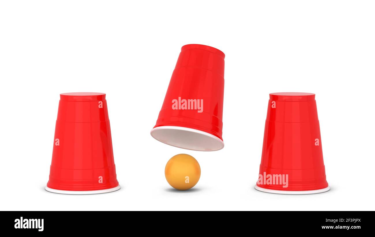 Shell game. Three red plastic cups. 3d illustration isolated on white ...
