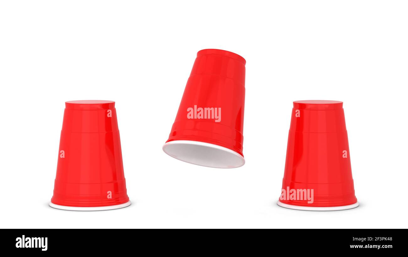 Shell game. Three red plastic cups. 3d illustration isolated on white ...