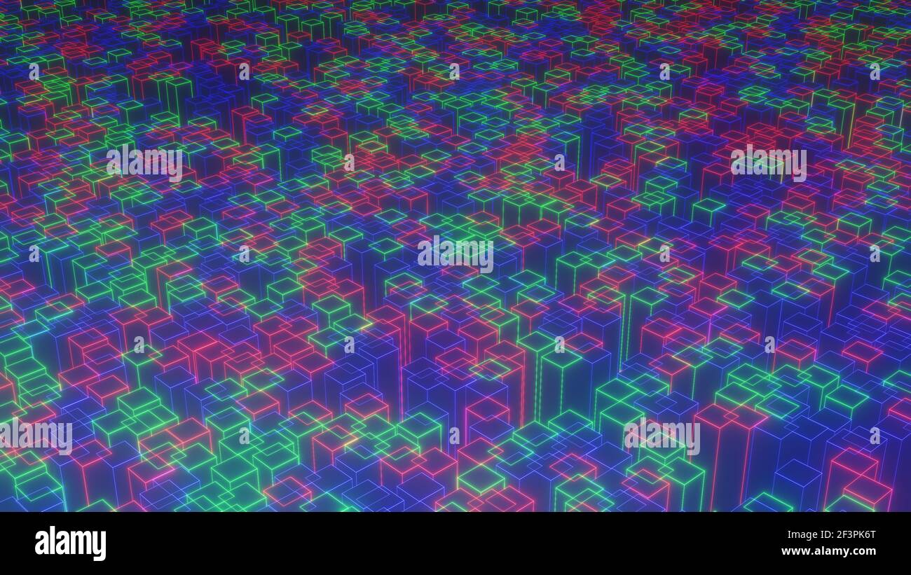 Set of multicolor wireframe cubes of different height, copyspace, three ...