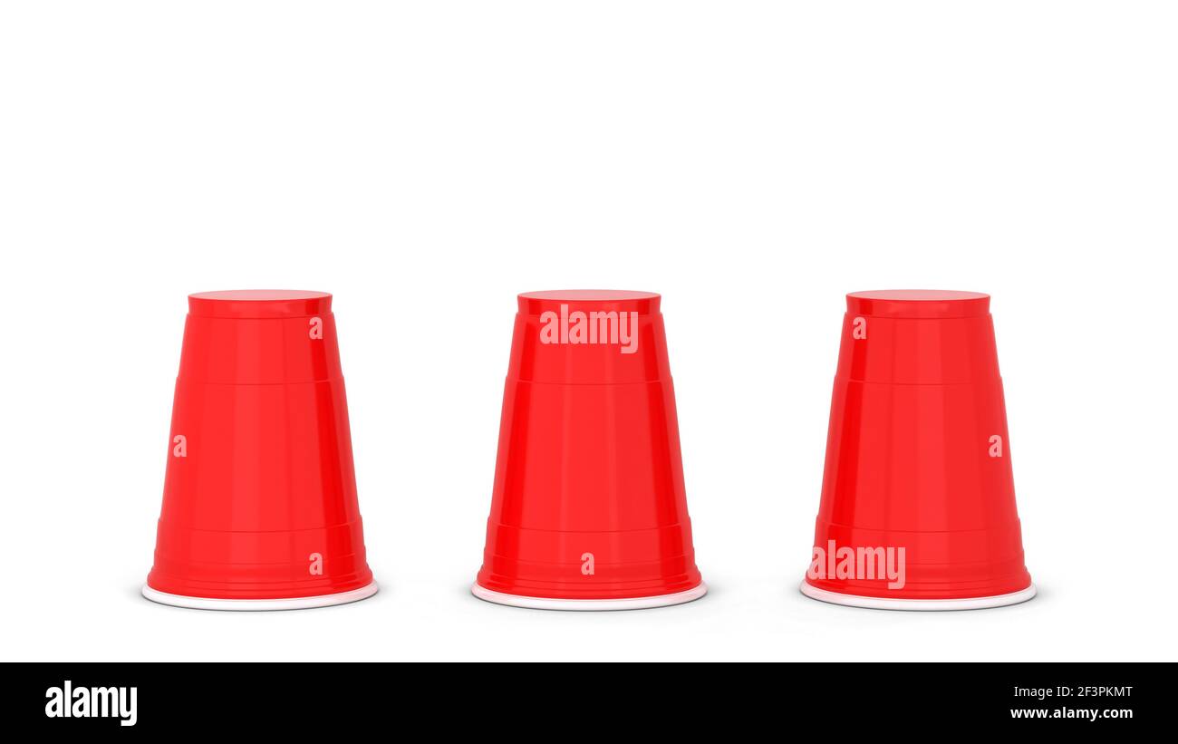 Shell game. Three red plastic cups. 3d illustration isolated on white ...