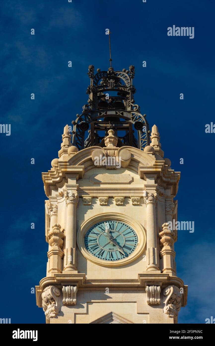Valencia, Spain. February, 24, 2021 - Clock and bell tower of the city ...