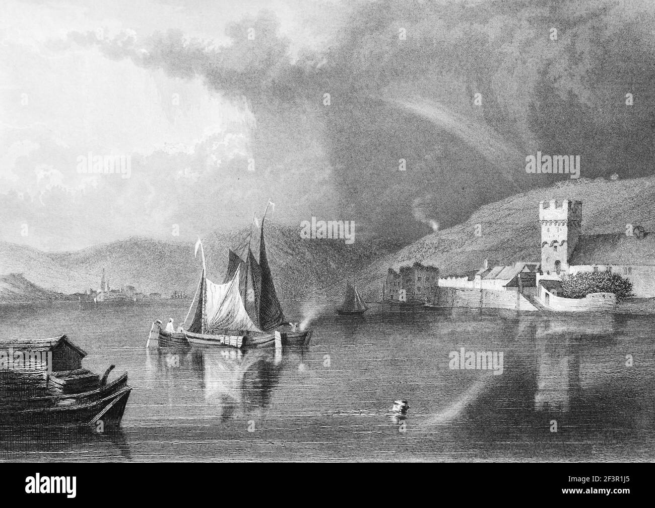 View of Rudesheim from the opposite river bank, Rhine River, Hesse ...