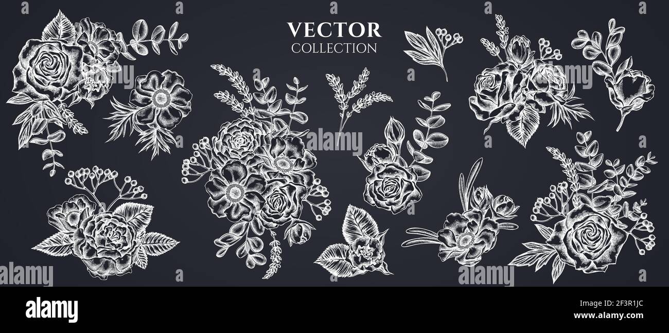 Flower bouquet of chalk roses, anemone, eucalyptus, lavender, peony ...