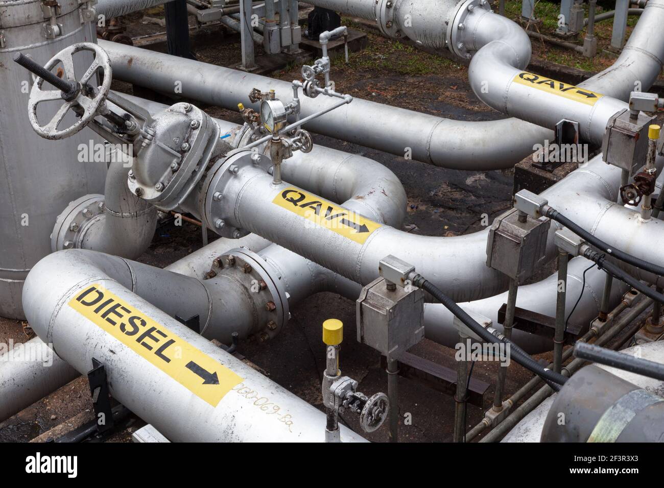 Close up of metallic oil pipes with diesel and Aviation Kerosene, QAV ...