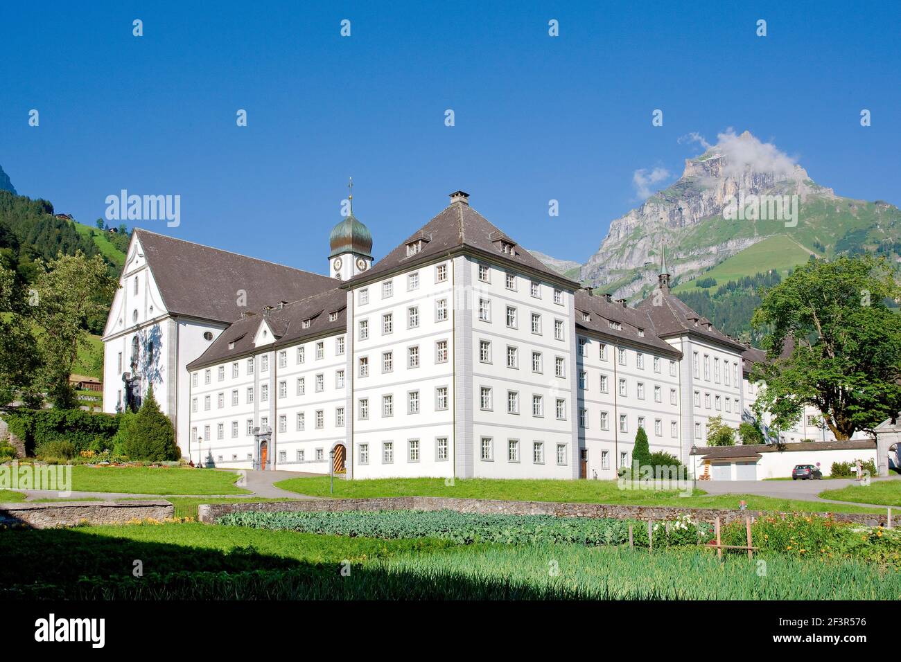 South facing view of Engelberg Abbey with mountain in background, a ...