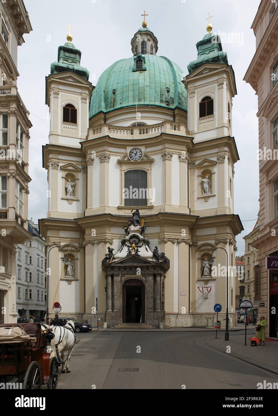 Copper domed, side towers, front of Baroque St Peter's Church, Vienna ...