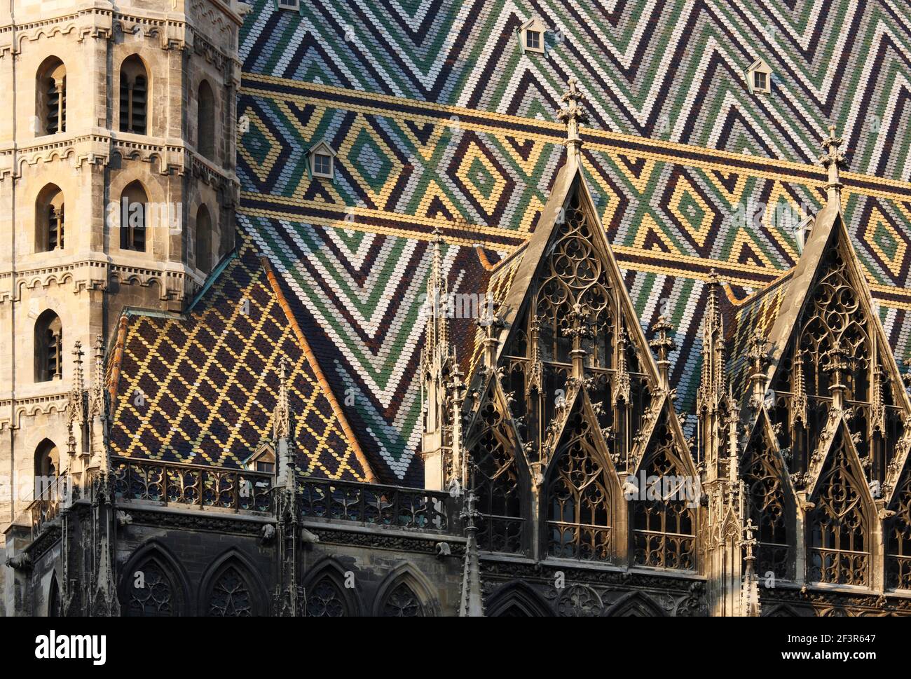 Coloured tiles, dormer windows, gothic St Stephen's Cathedral, Vienna ...
