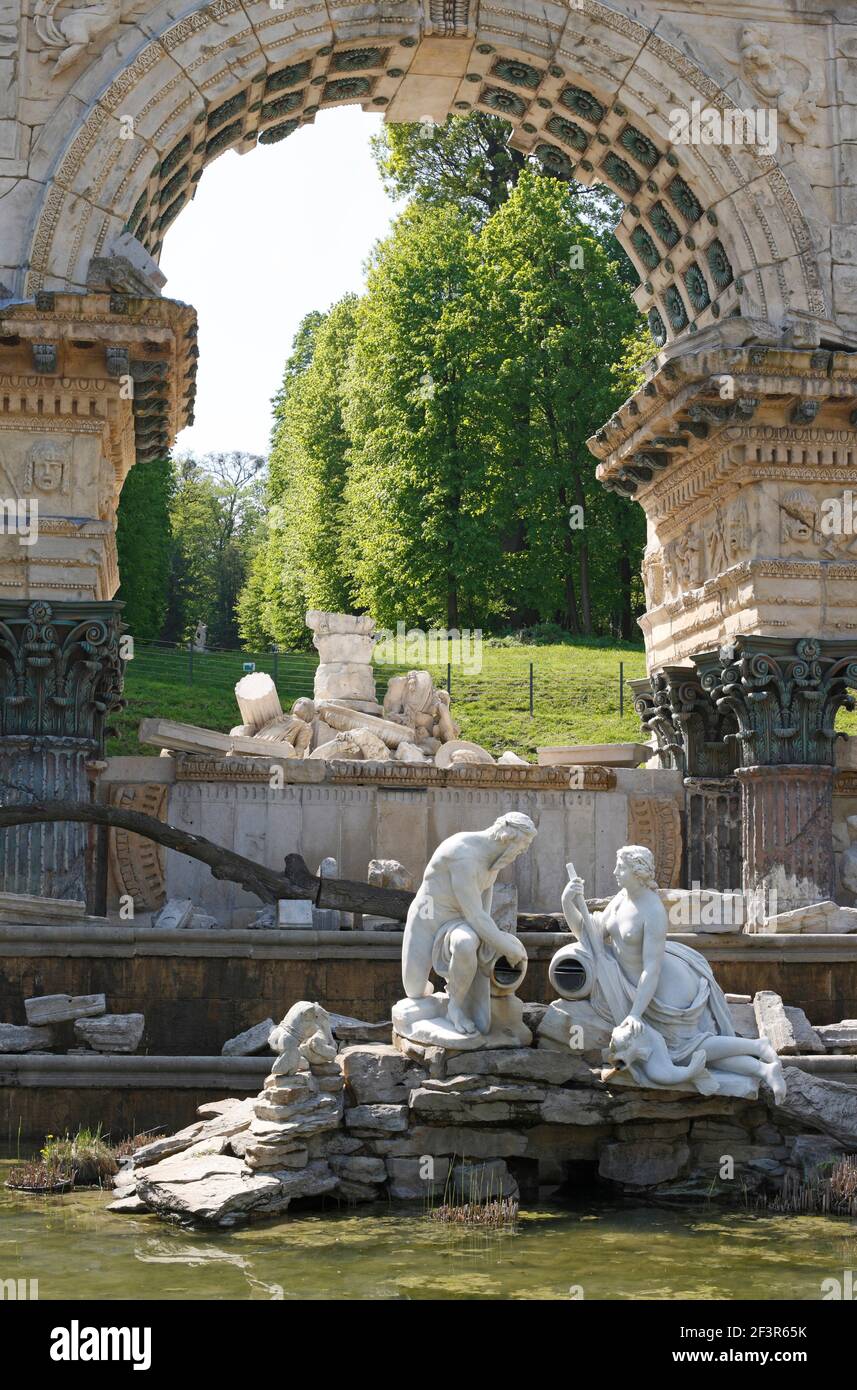 Detail of broken statues, frescoes and arches in fake Roman ruins in ...