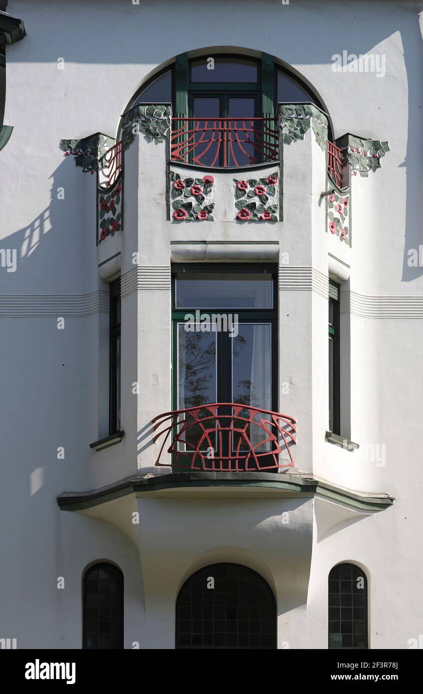 Art Nouveau style bay window with a balcony on Bismarck street, Krefeld ...