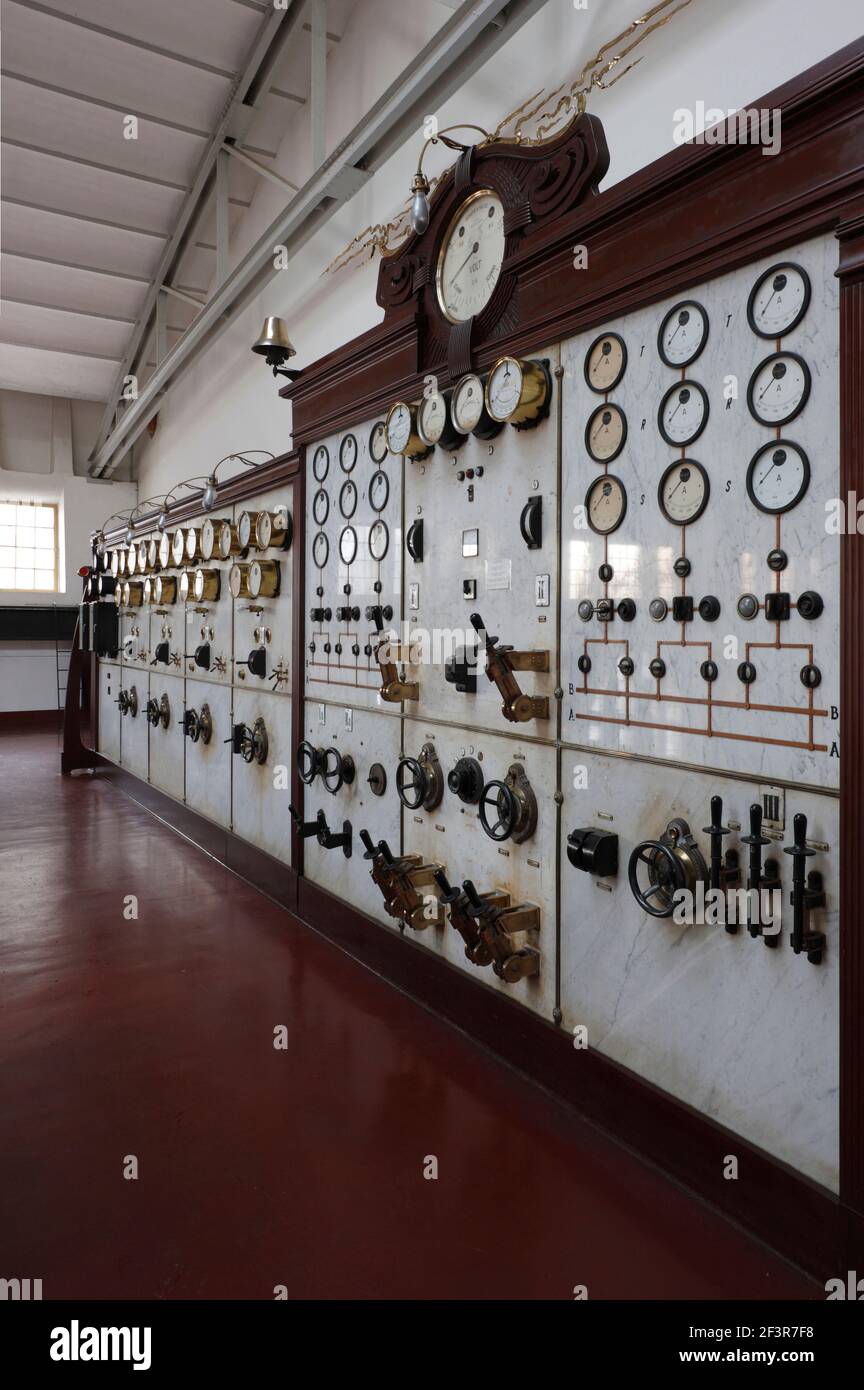 Marble panel and brass clocks of the control panel in the Turbine hall ...